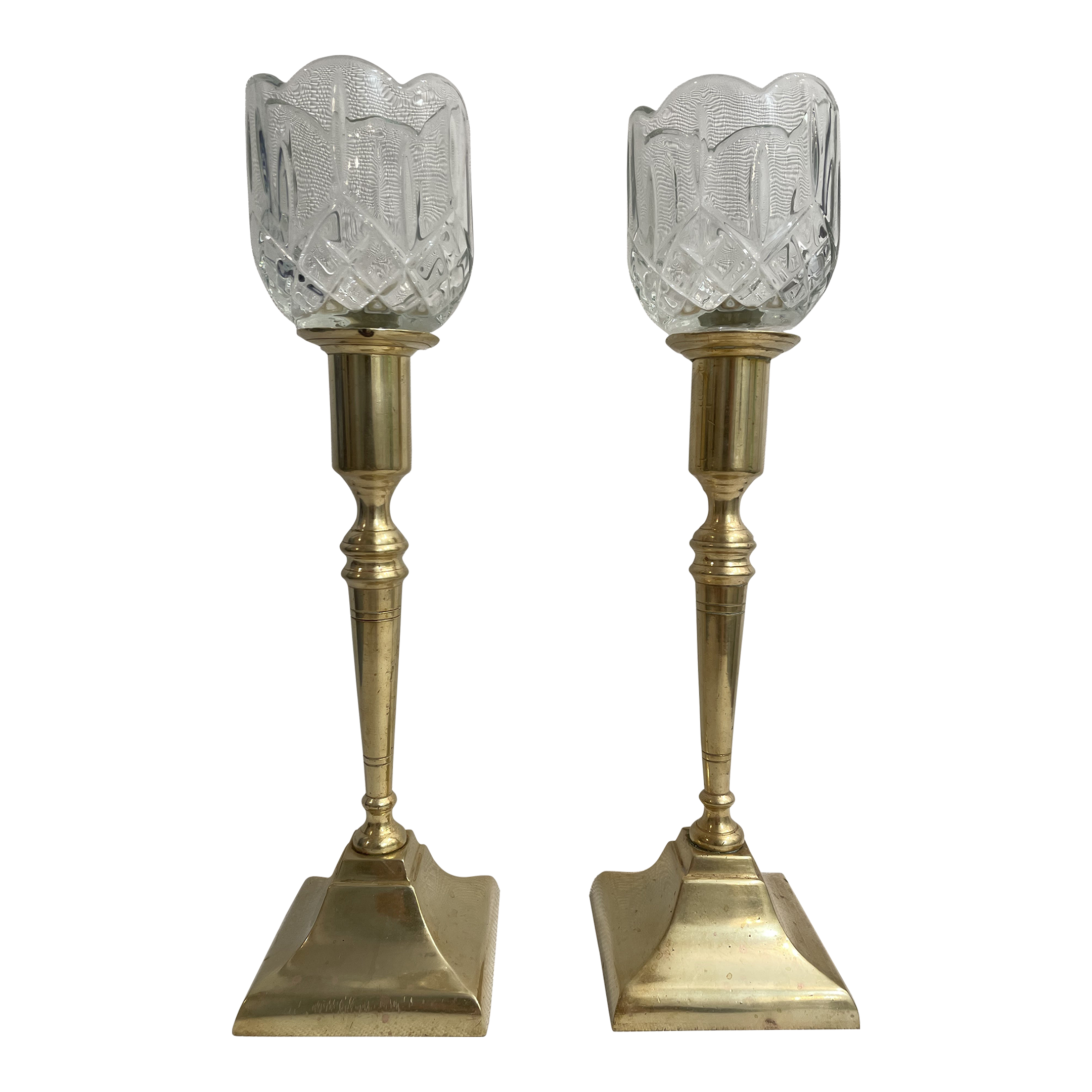 Vintage Solid Brass Candle Holders With Homco Cut Glass Votive Bobeches