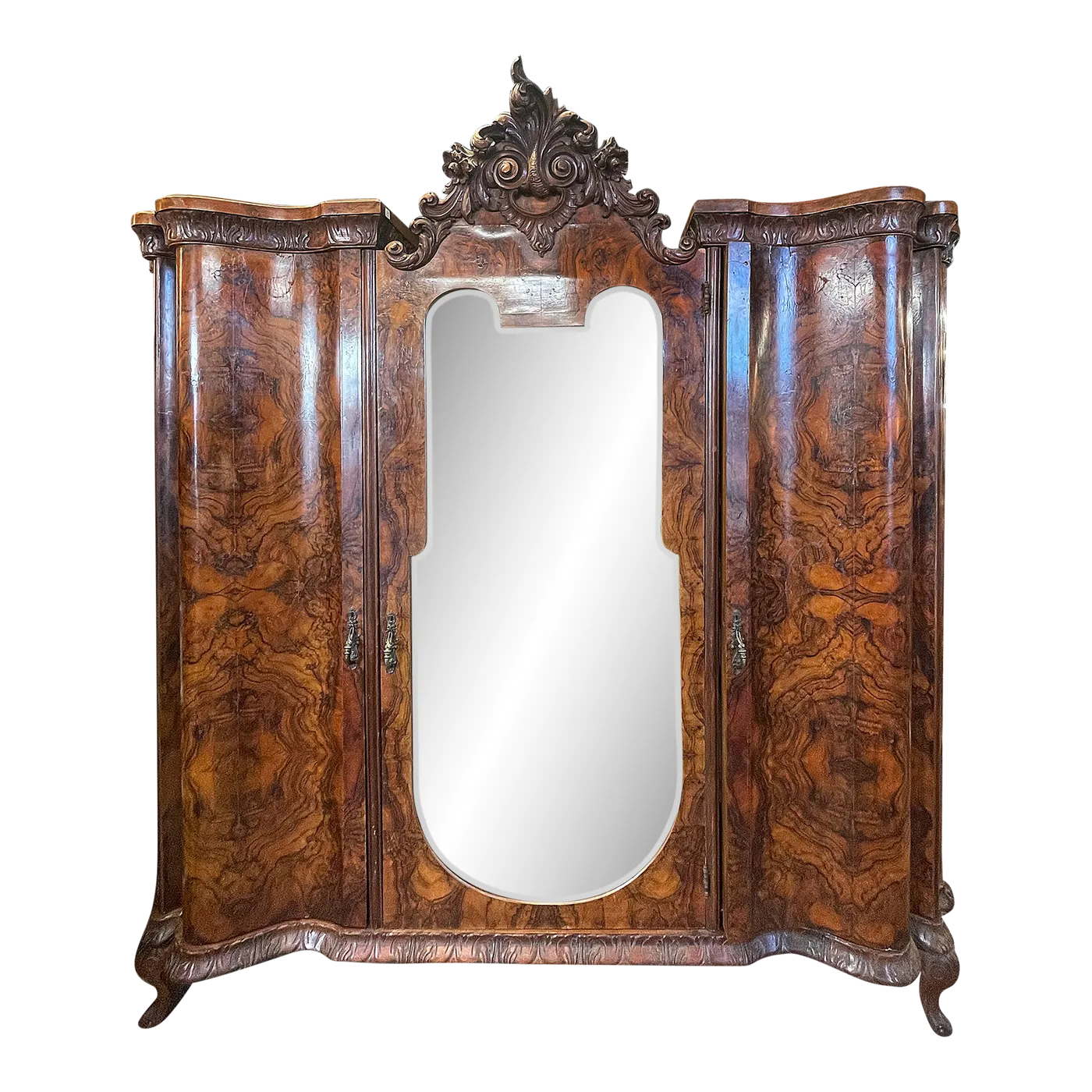Antique Large European Burl Wood Veneer Armoire | Chairish