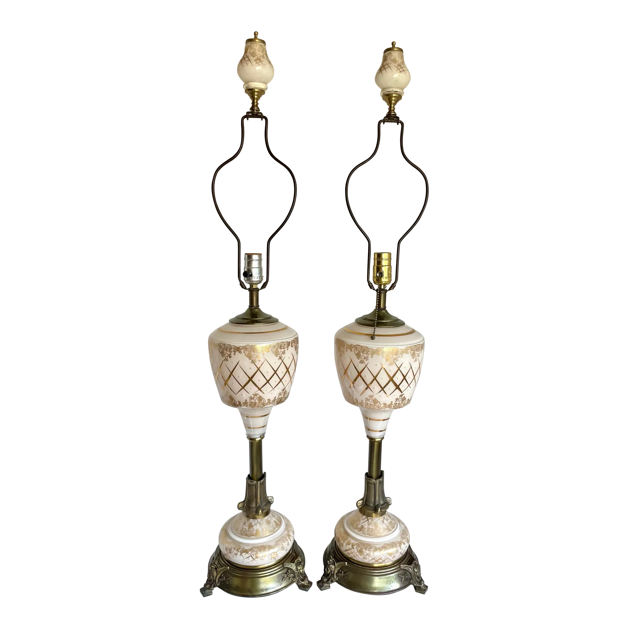 Antique Reverse Painted Tall Glass Lamps With Finials | Chairish