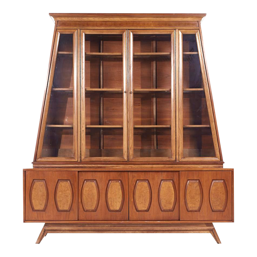 Young Manufacturing Mid Century Walnut and Burlwood Credenza and Hutch ...