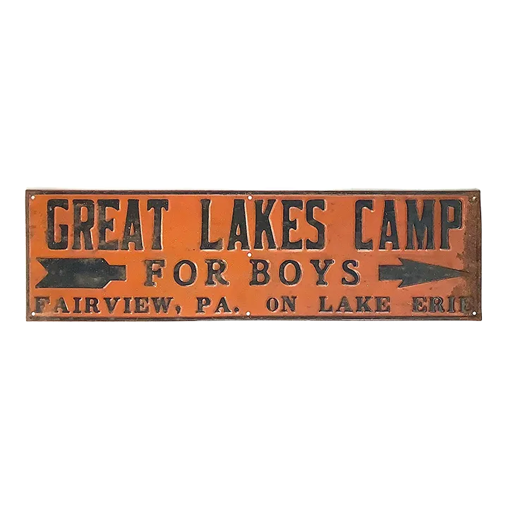 Early 1900s Metal Embossed Lettering Great Lakes Camp Sign | Chairish