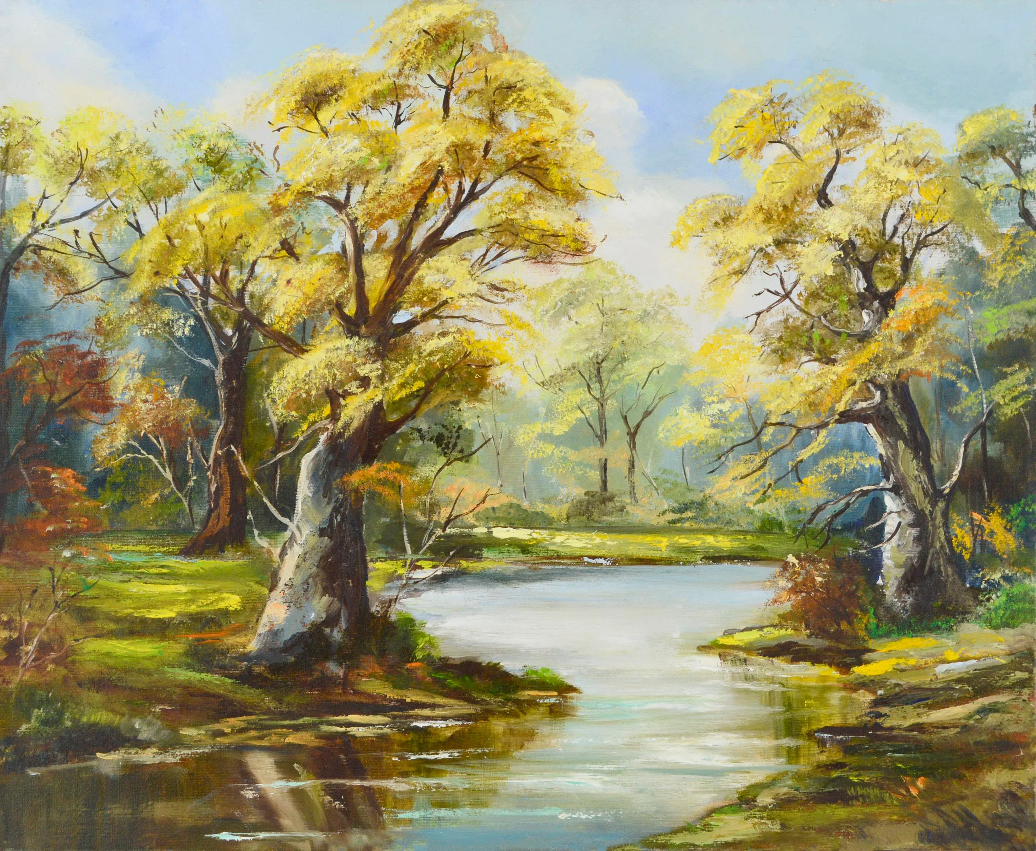 1970s Yellow Oak Trees Autumn River Landscape Painting | Chairish