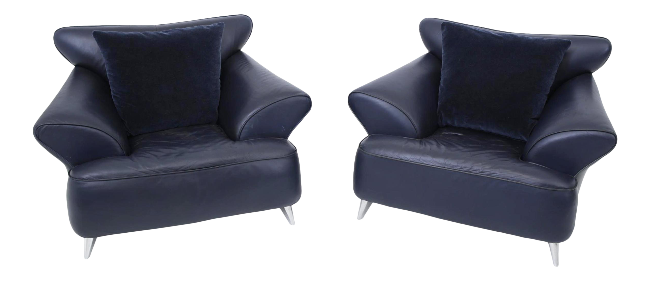 Postmodern Leather and Mohair Lounge Chairs, Polished Aluminum Legs ...
