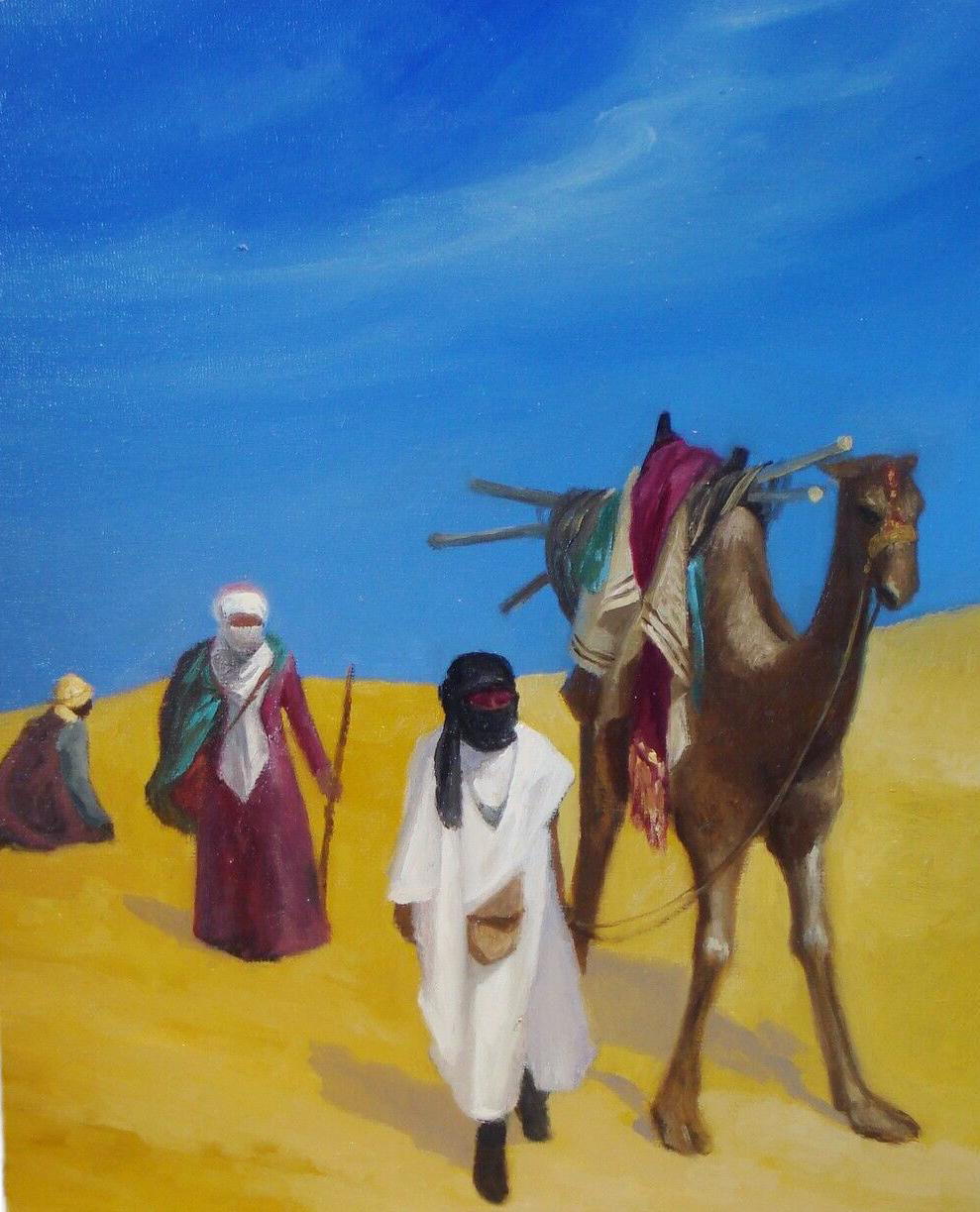 Oil on Board Painting Bedouin in the Desert | Chairish