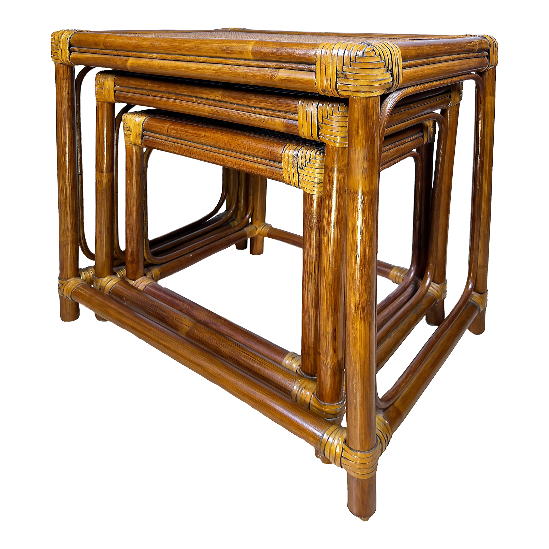 1980s Vintage Rattan Woven Grass Nesting Tables, McGuire Manner-Set of ...