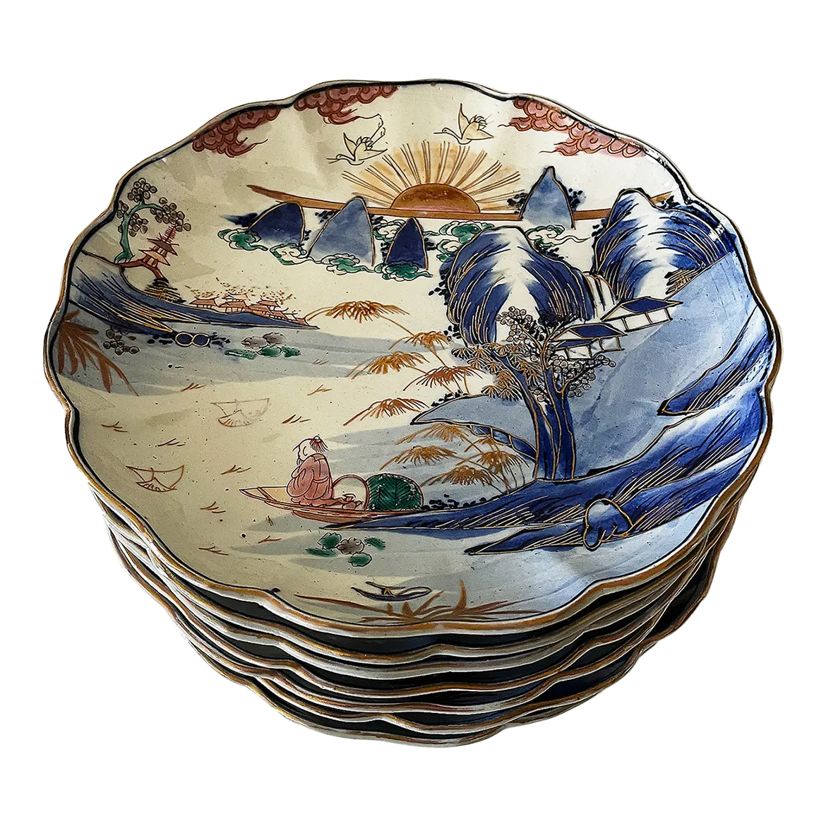 Vintage Hand Painted Japanese Porcelain Plates- Set of 7 | Chairish