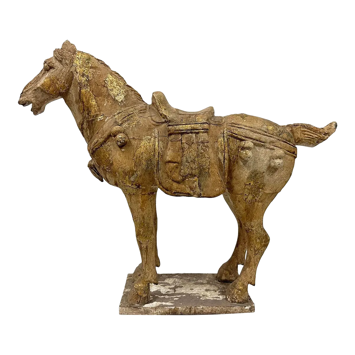 20th Century Chinese Gilt Carved Wooden Tang Horse Sculpture | Chairish