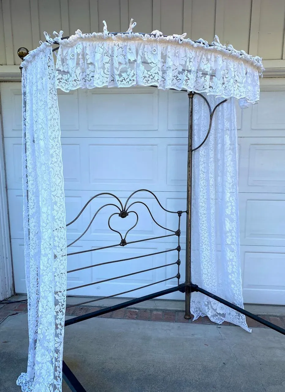 Antique Heart Shape Iron Bed Frame Half Tester Canopy and Side Rails