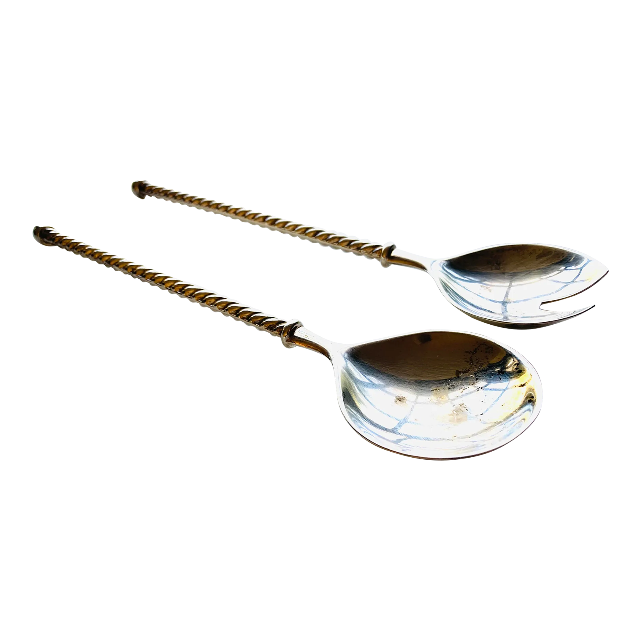 Vintage Italian e.p Zinc Twist Handle Serving Spoon & Fork | Chairish