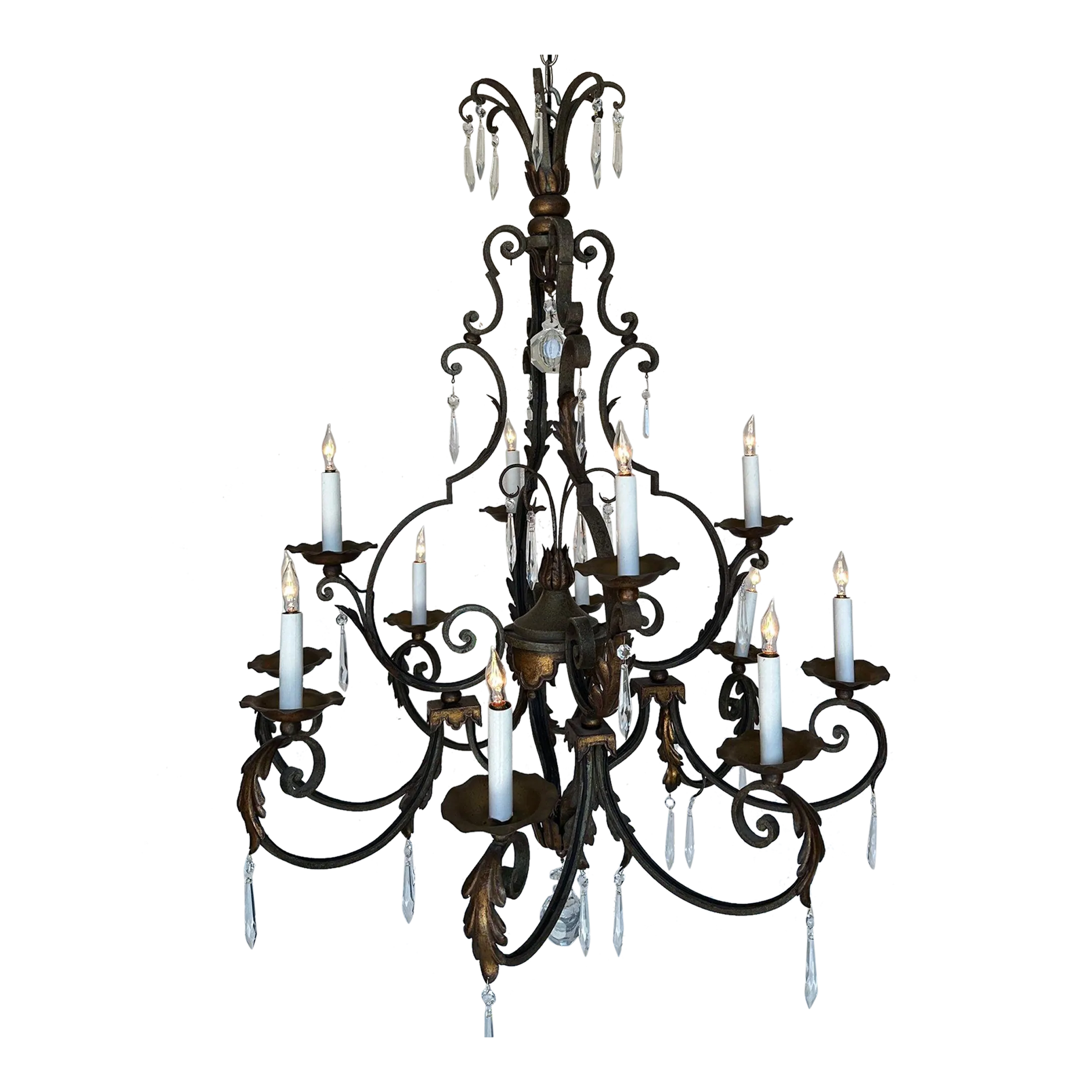 Large French 1920's Patinated Iron & Glass Chandelier | Chairish