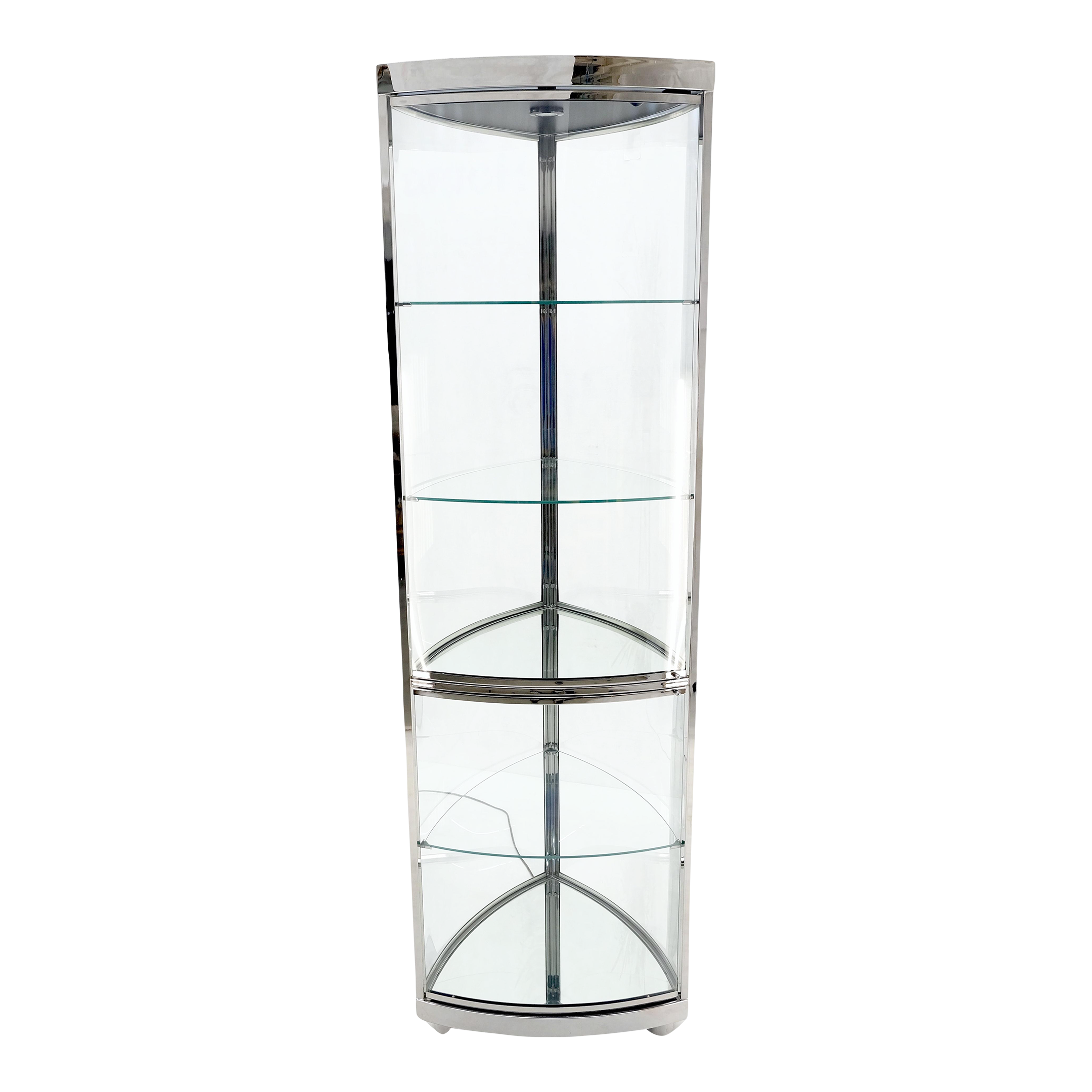 Rounded Triangle Shape Bowed Glass & Chrome Shelves Display Case ...