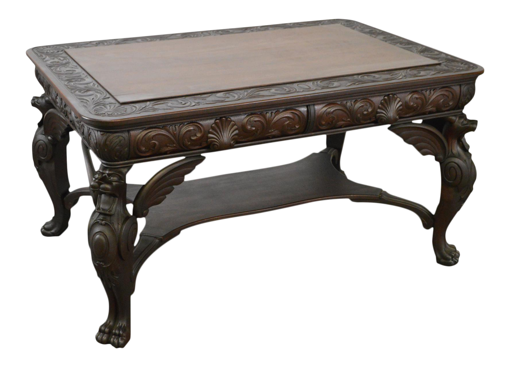 Horner Antique Carved Standing Winged Griffin Library Table Desk | Chairish