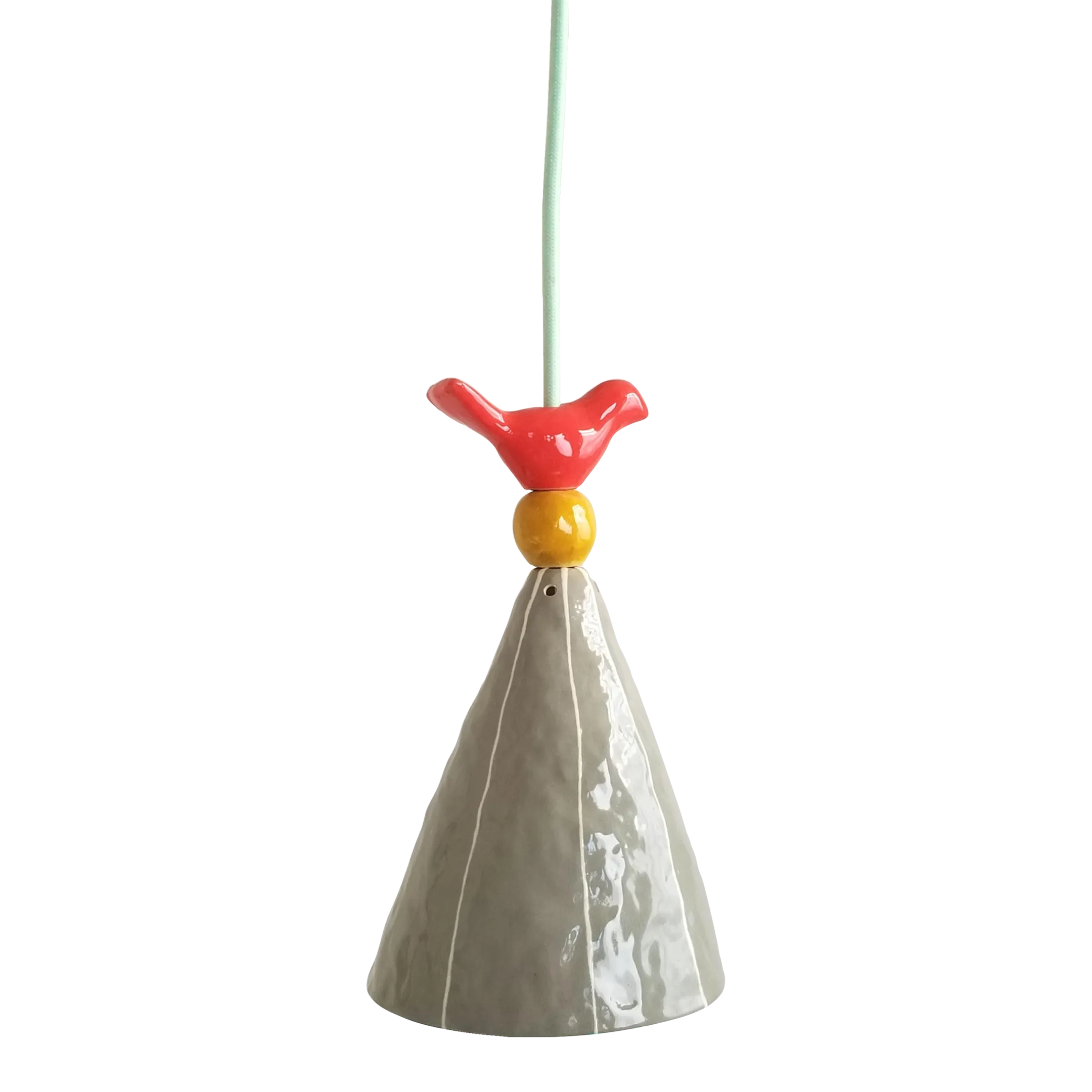 Handmade Ceramic Pendant Light, Gray With Red Bird | Chairish