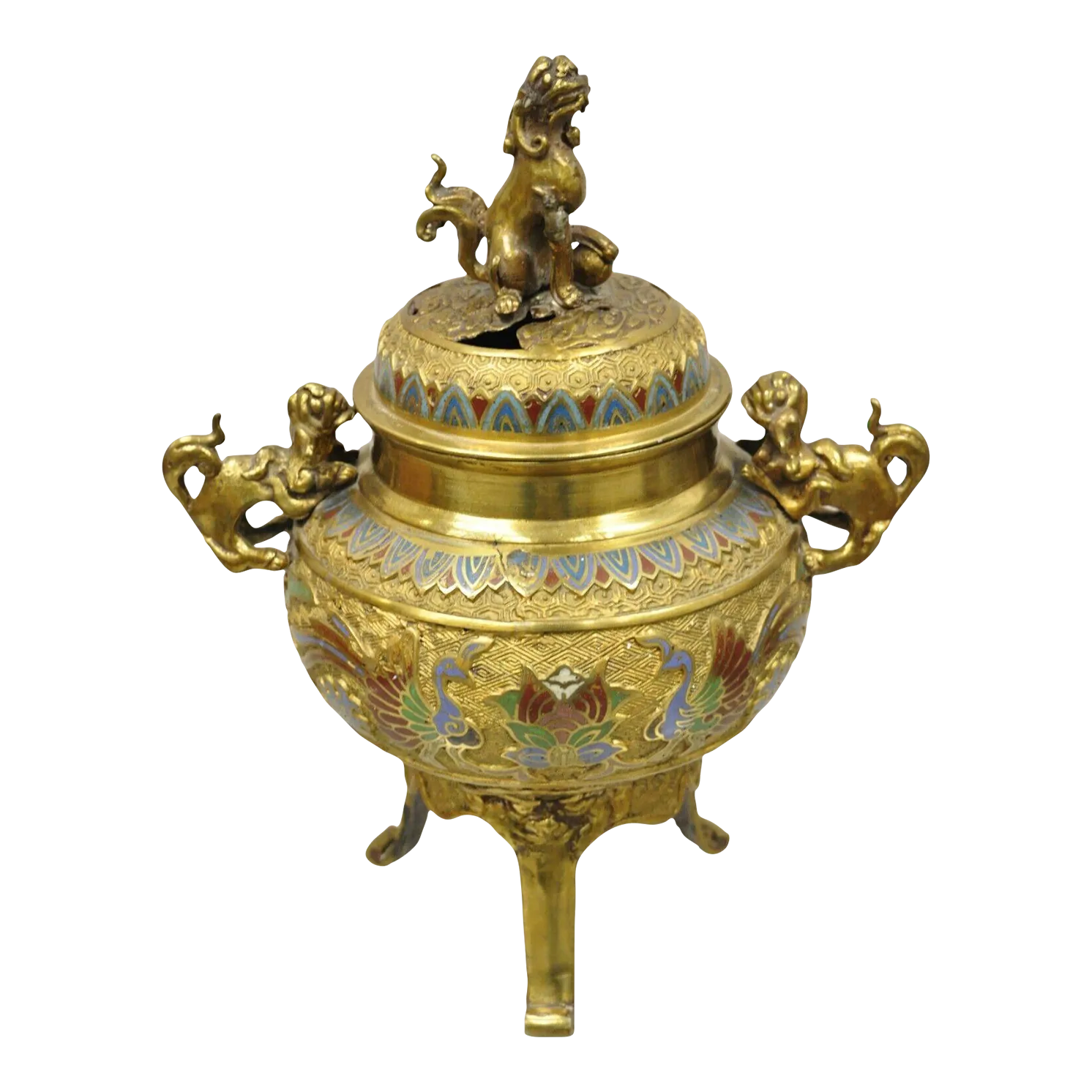 Vintage Japanese Cloisonne Enamel Champleve Bronze Foo Dog Incense ...