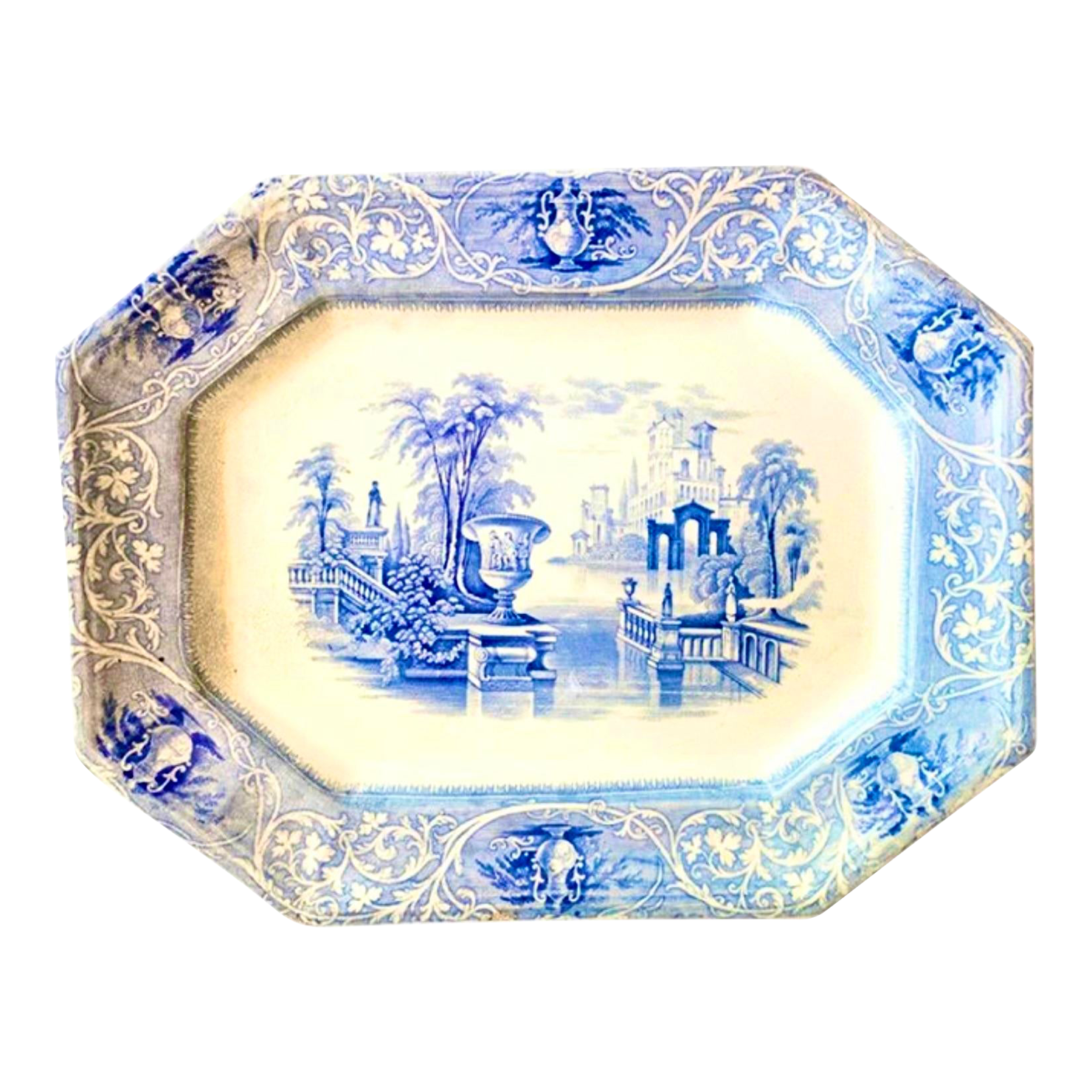19th C. English Victorian Staffordshire Blue and White Platter, "Medici ...