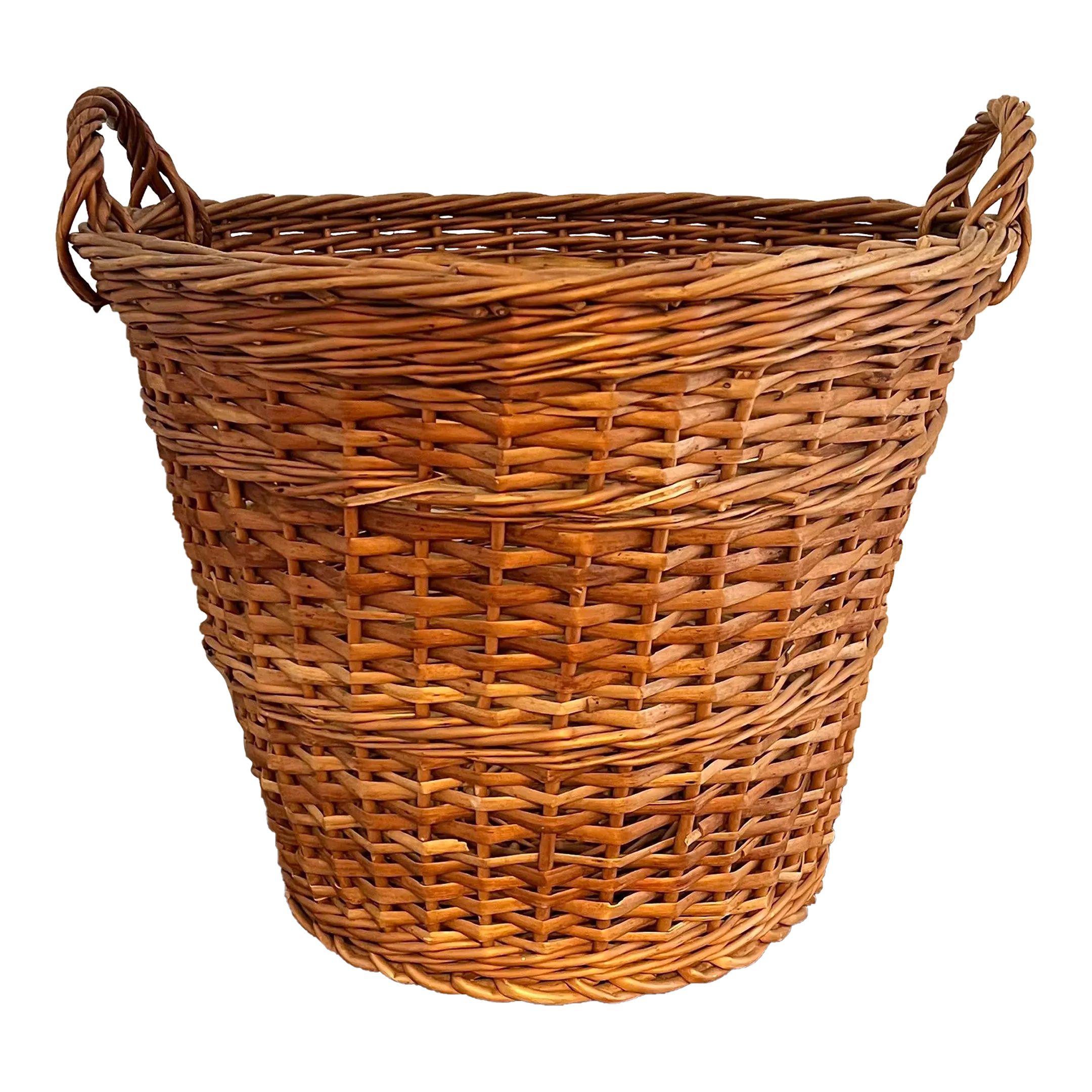 Large Mid Century Reed and Twig Kindling Basket With Handles | Chairish