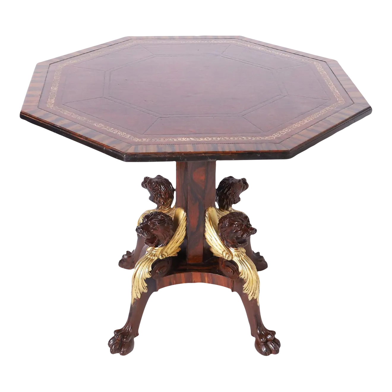 Antique English Leather Top Center Table With Lion Heads | Chairish
