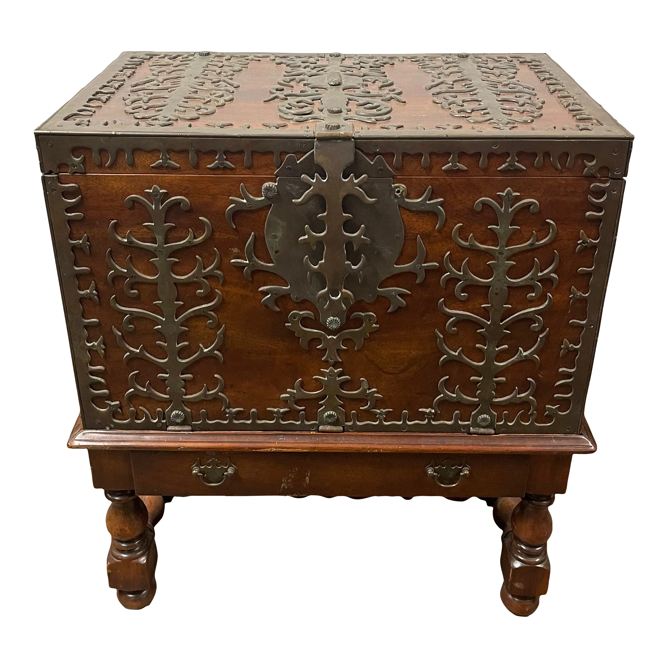 Late 20th Century Vintage Tudor Style Wood and Iron Trunk on Stand ...
