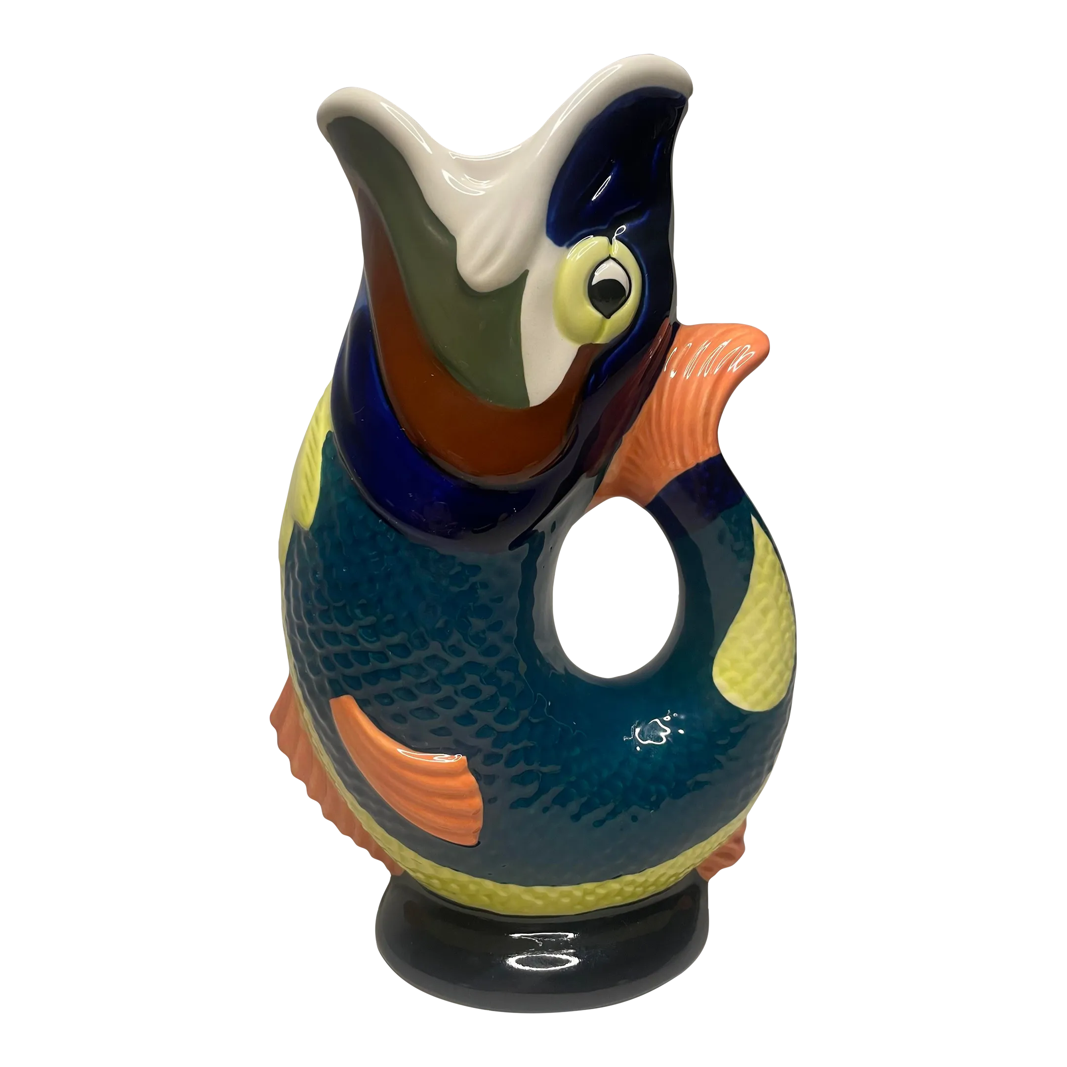 Late 20th Century Gluggle Fish Ceramic Pitcher in Teal, Orange and ...