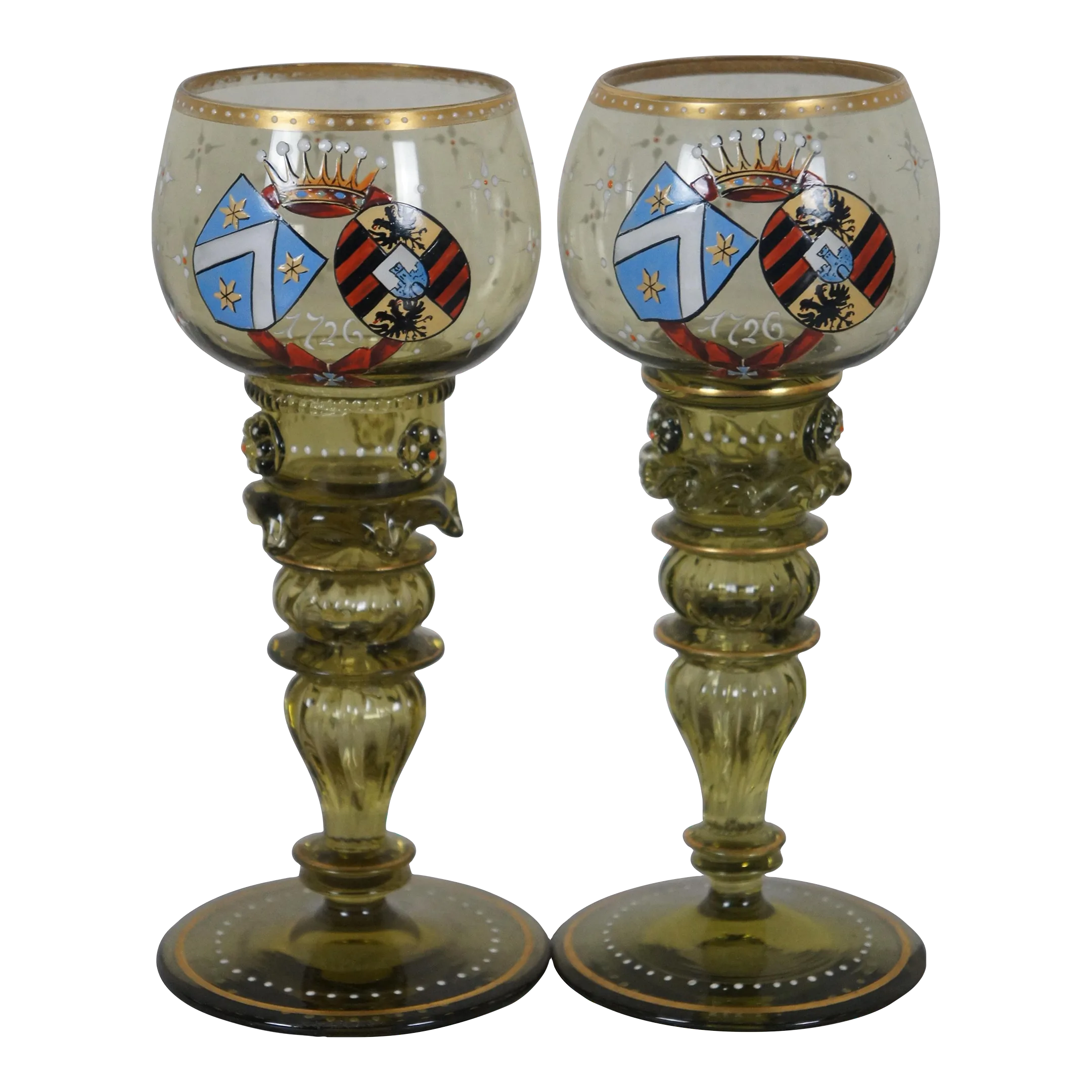 Vintage German Enameled Heraldic Green Glass Rummer Punt Wine Goblets ...