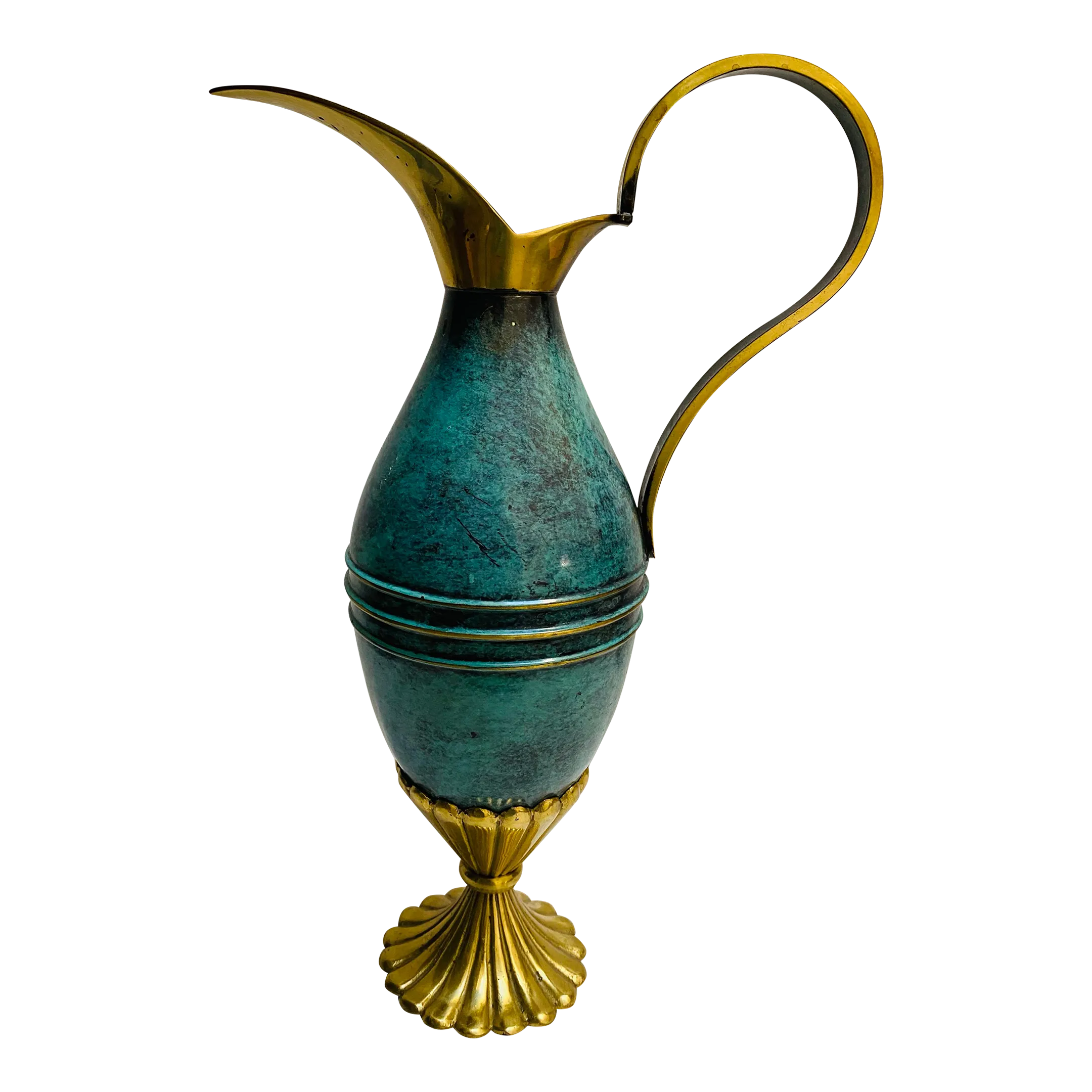 Mid Century Modern Turquoise and Brass Oppenheim Israel Pitcher | Chairish