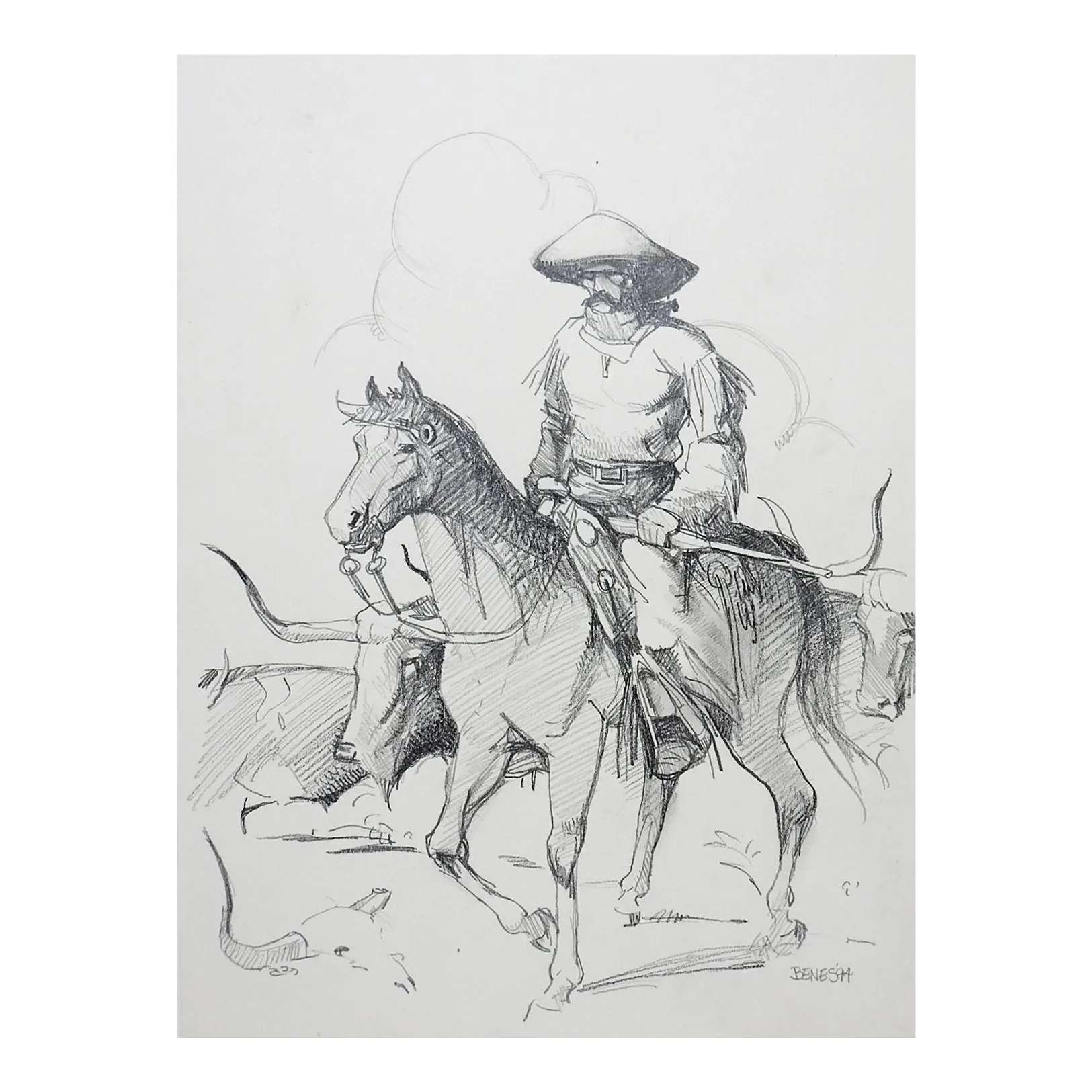 Vintage 1994 Cowboy Horse & Cows Western Illustration Drawing | Chairish