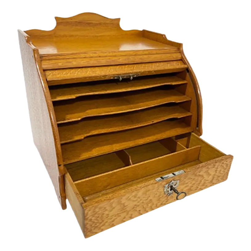 Dutch Oak Desk Letter Cabinet with Round Sliding Top | Chairish