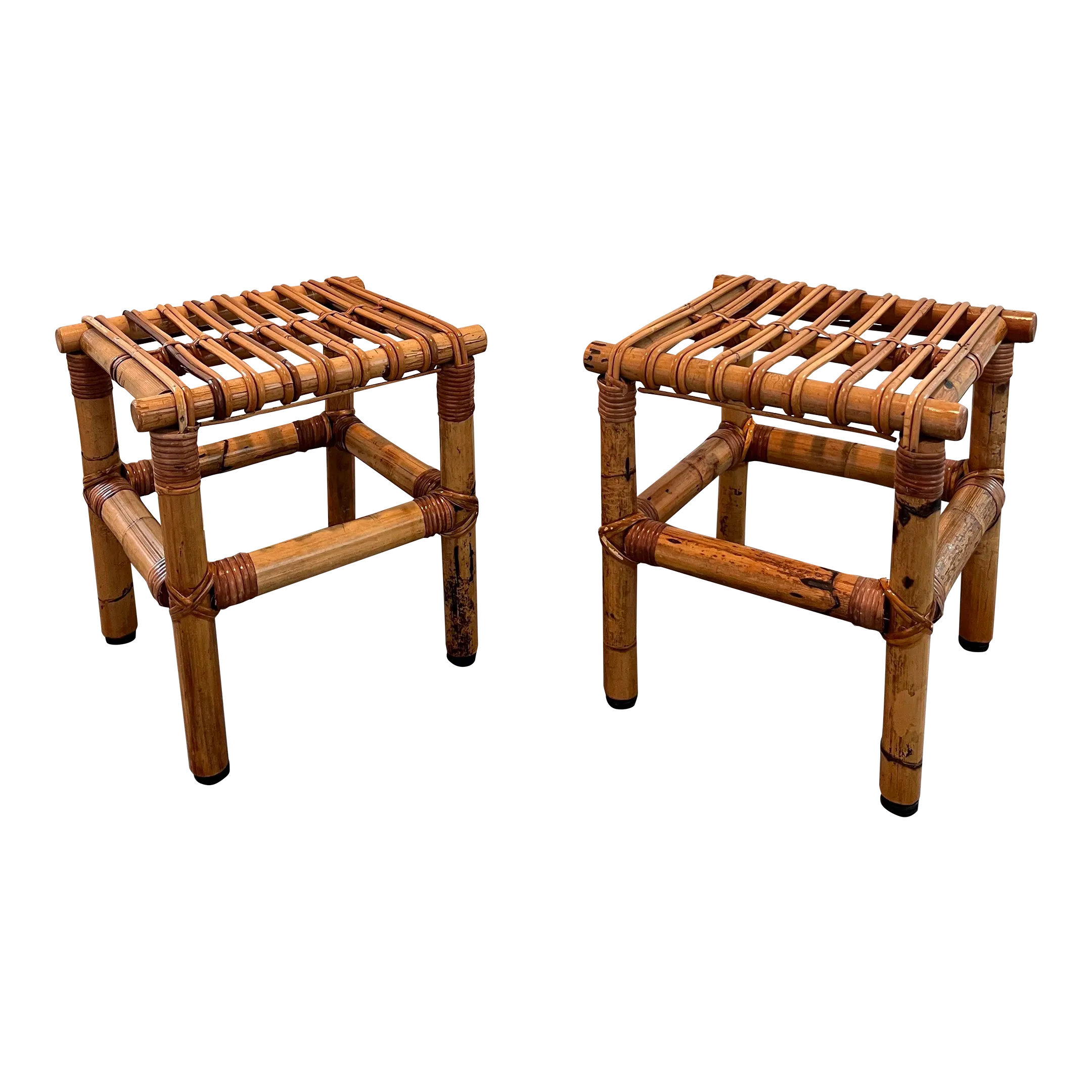 Vintage Rattan Wrapped Bamboo Square Stool | Chairish