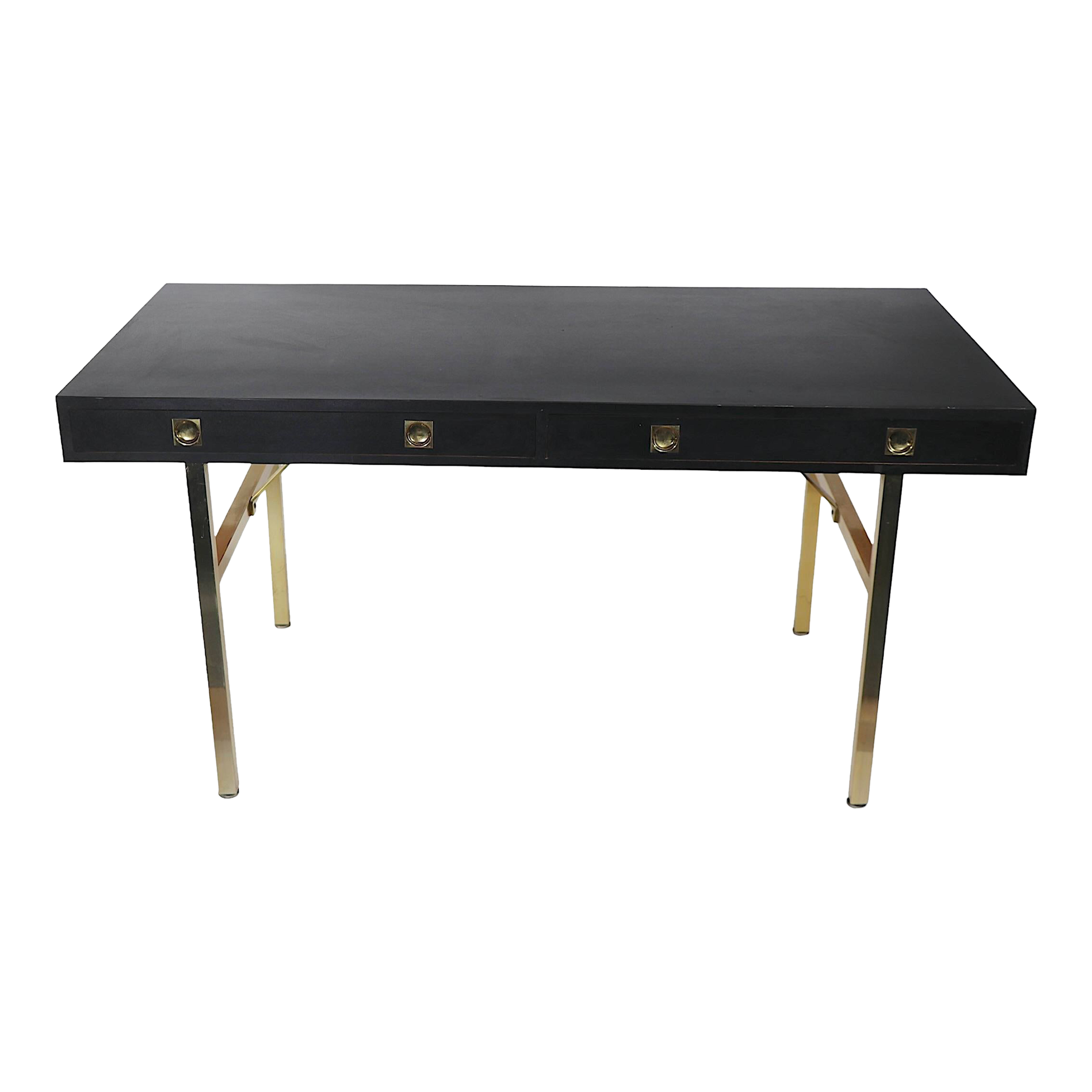 1970's Campaign Style Desk in Black Formica With Brass Handles Anodized ...