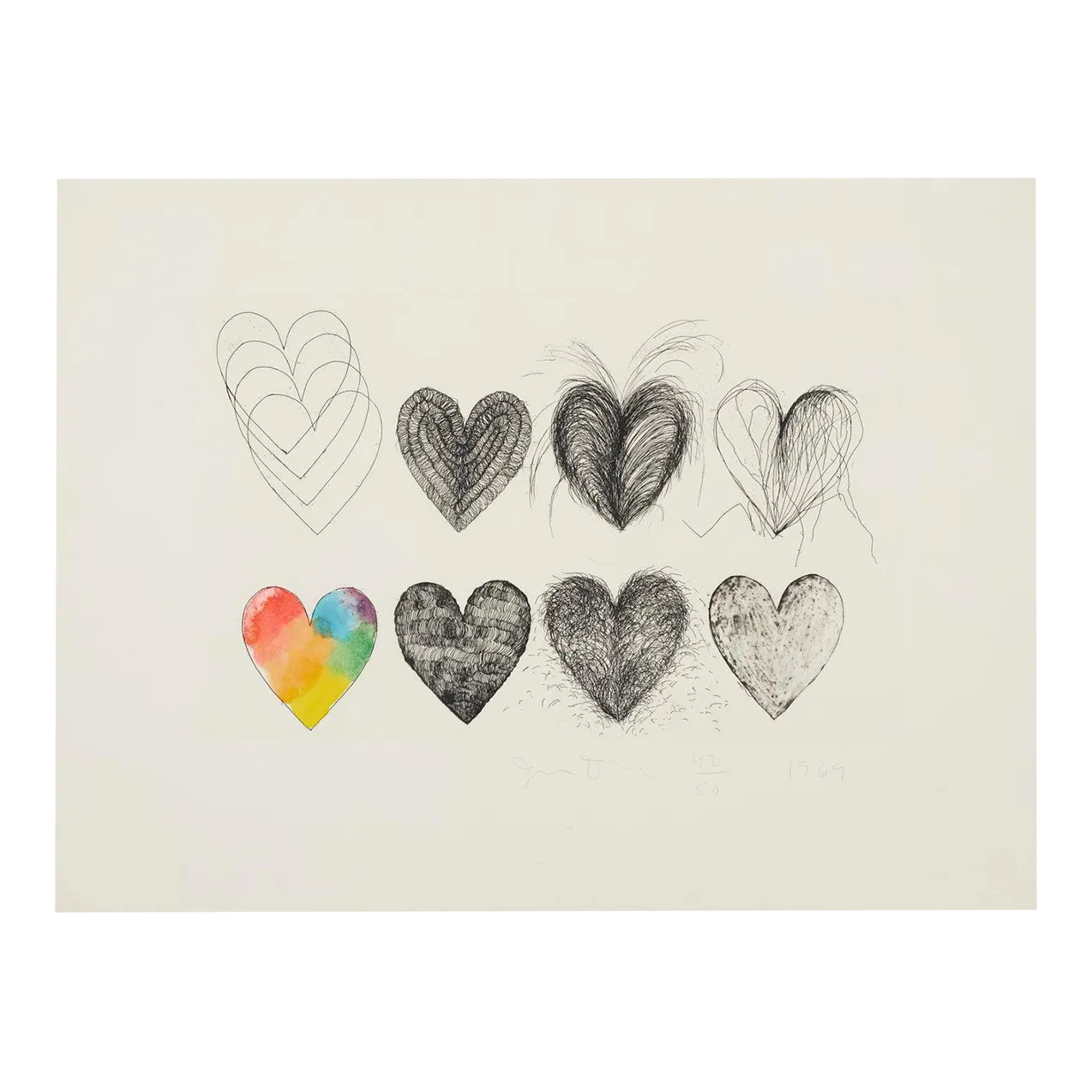 1969 "Hearts and a Watercolor" Contemporary Etching With Watercolor ...