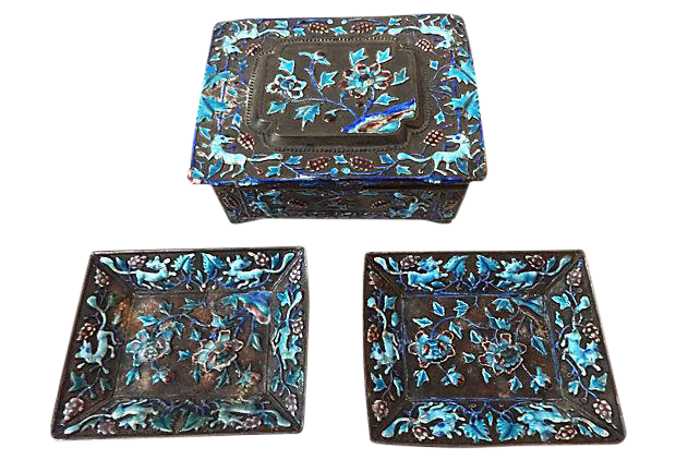 Antique Chinese Silver Enamel Box & Trays - Set of 3 | Chairish