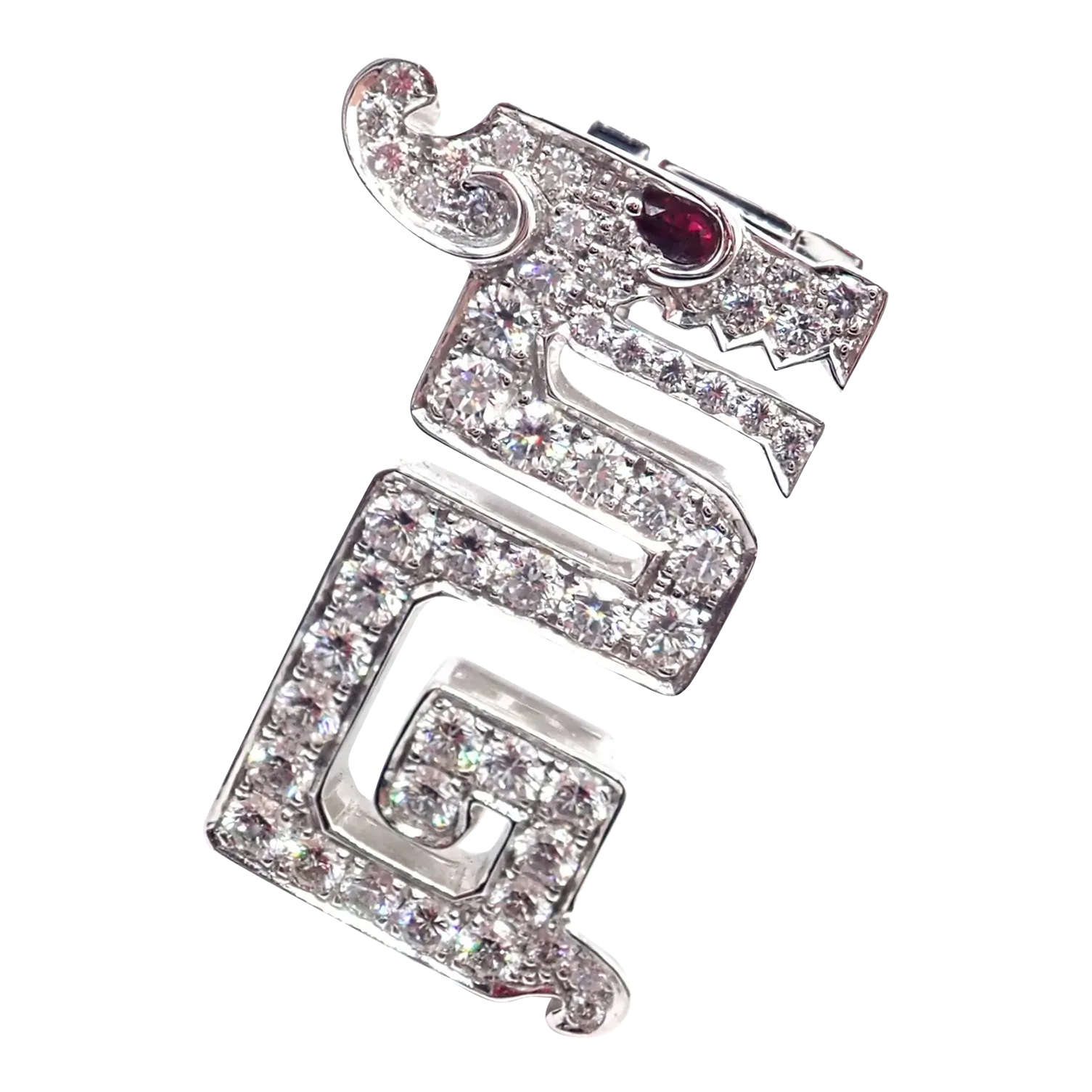 Cartier Le Baiser Du Dragon 18k White Gold Diamond Ruby Pin Clip | Chairish