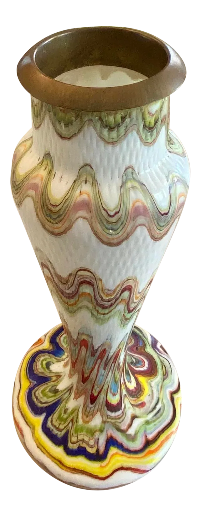 Late 19th Century "End of Day" Swirl Glass Vase With Brass Rim | Chairish