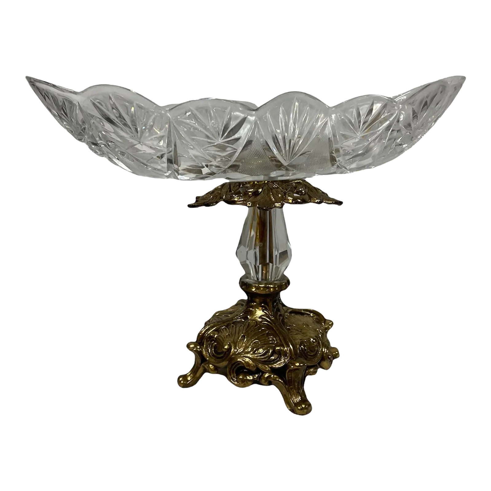 Antique Crystal SawTooth Cut Fruit Bowl on Brass Pedestal | Chairish