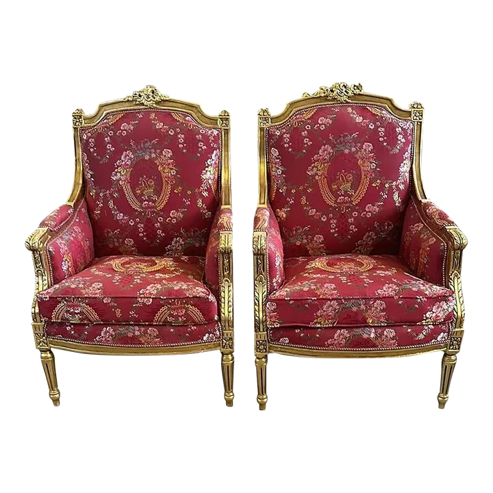 French Baroque Style Red Wingback Chair - Set of 2 | Chairish