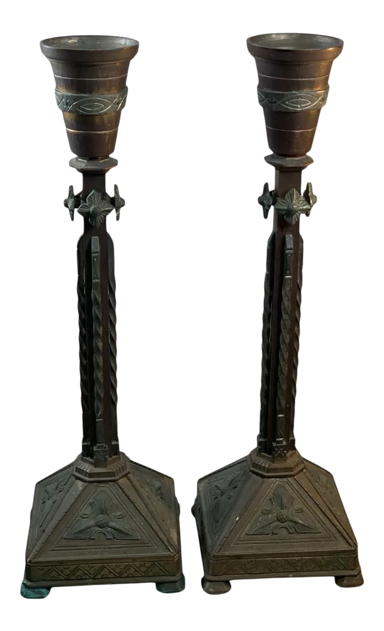 Early 20th Century Bronze Gothic Candlesticks - a Pair | Chairish