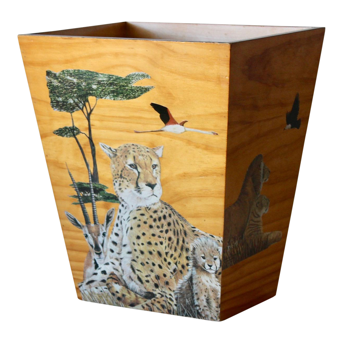 Vintage Decoupage Basket Cheetah Buffalo Elephant Lions Details | Chairish