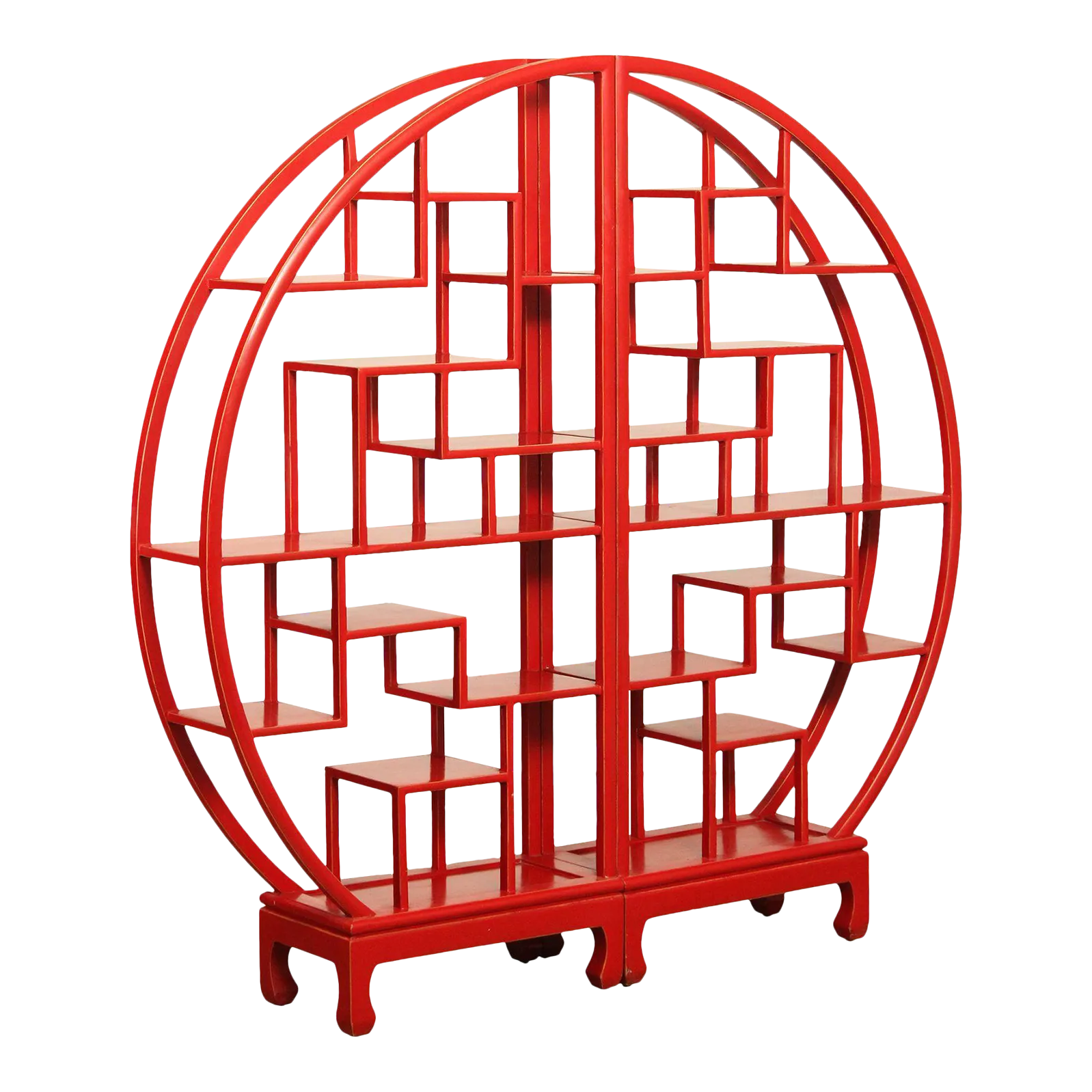Asian Style Red Painted Round Two Part Room Divider Etagere - A Pair ...