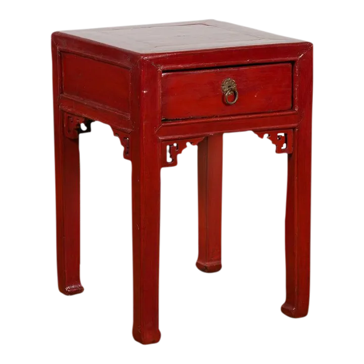Vintage Chinese Red Lacquer Side Table with Single Drawer & Carved ...