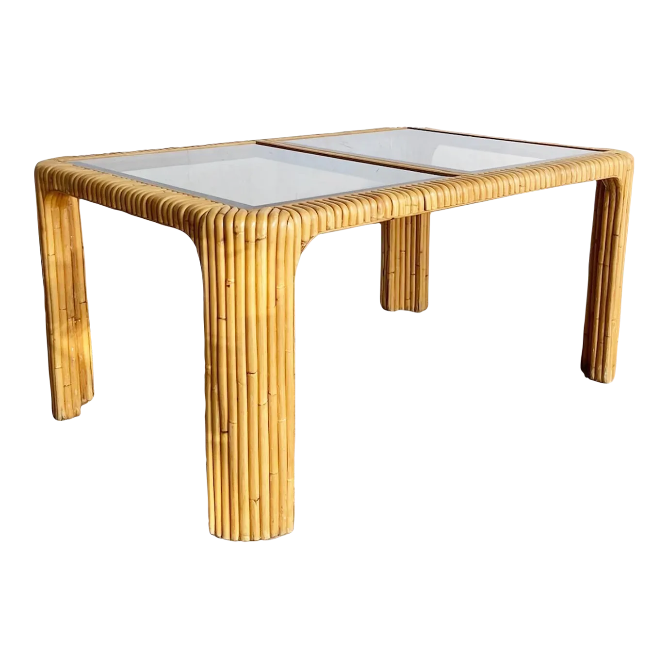 Boho Chic Split Bamboo Smoked Glass Top Dining Table | Chairish