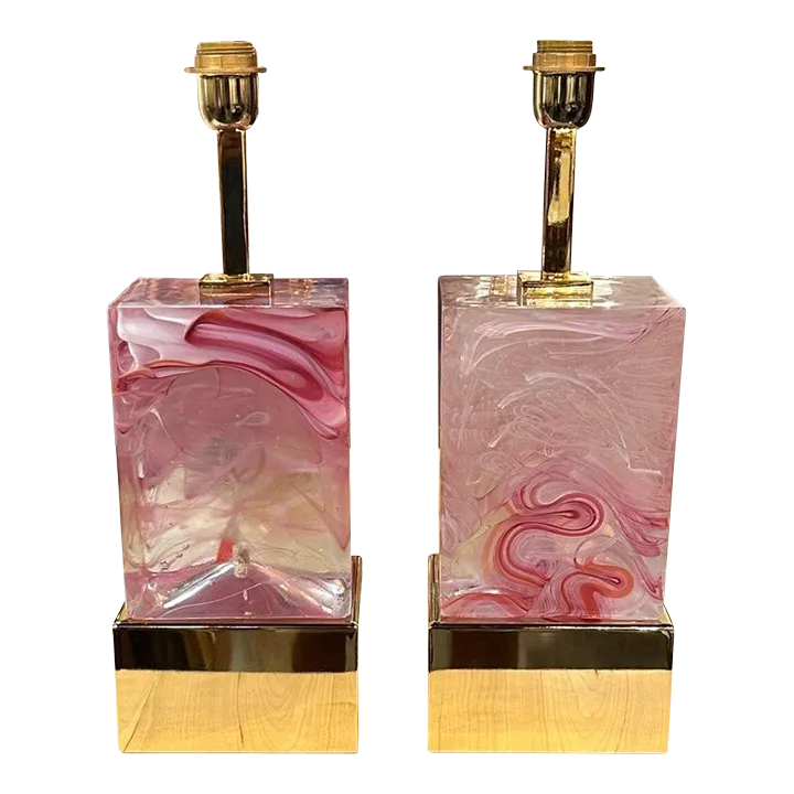 Pair of Pink Murano Glass Block Lamps | Chairish