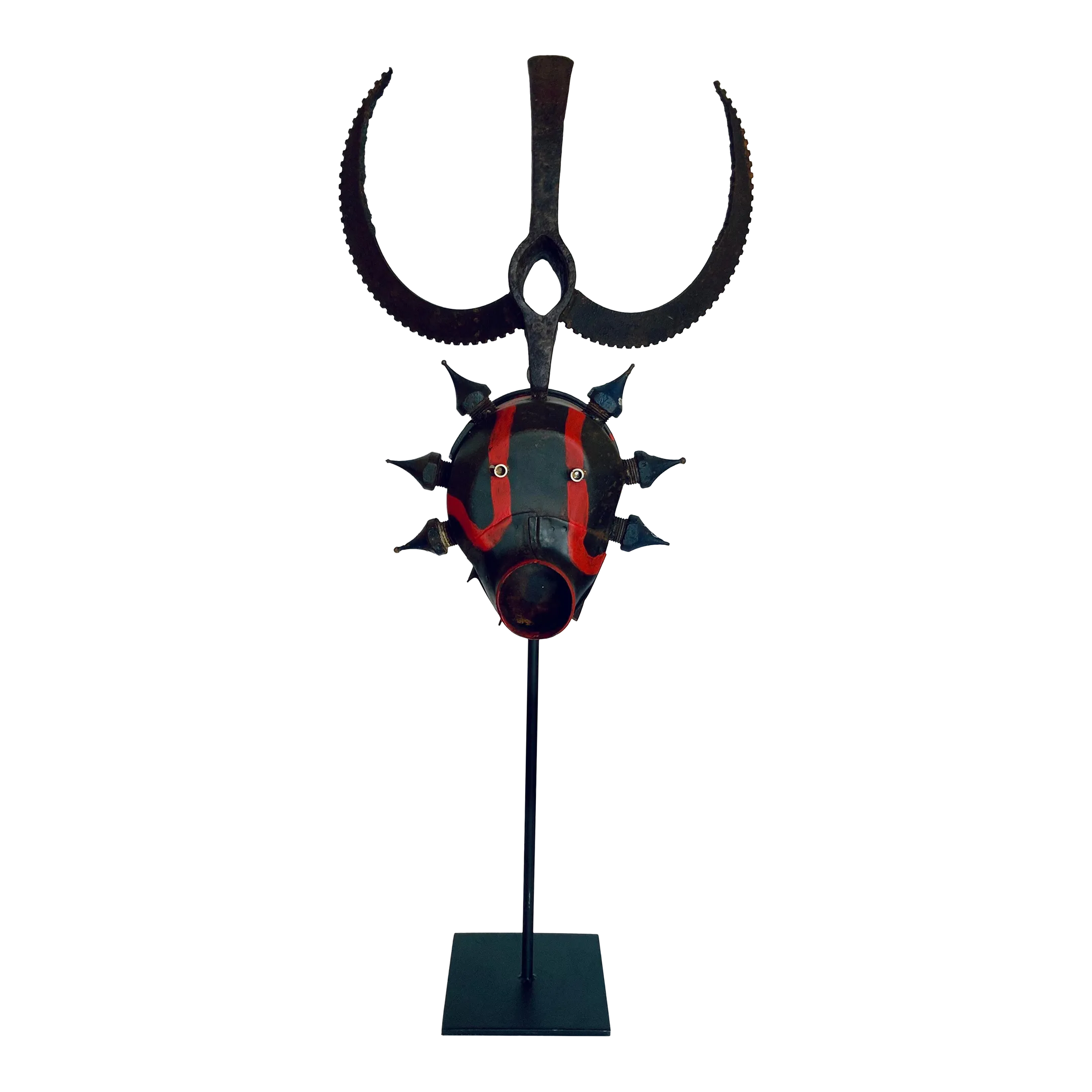 Industrial Modern Red Abstract Mask on Stand Sculpture | Chairish