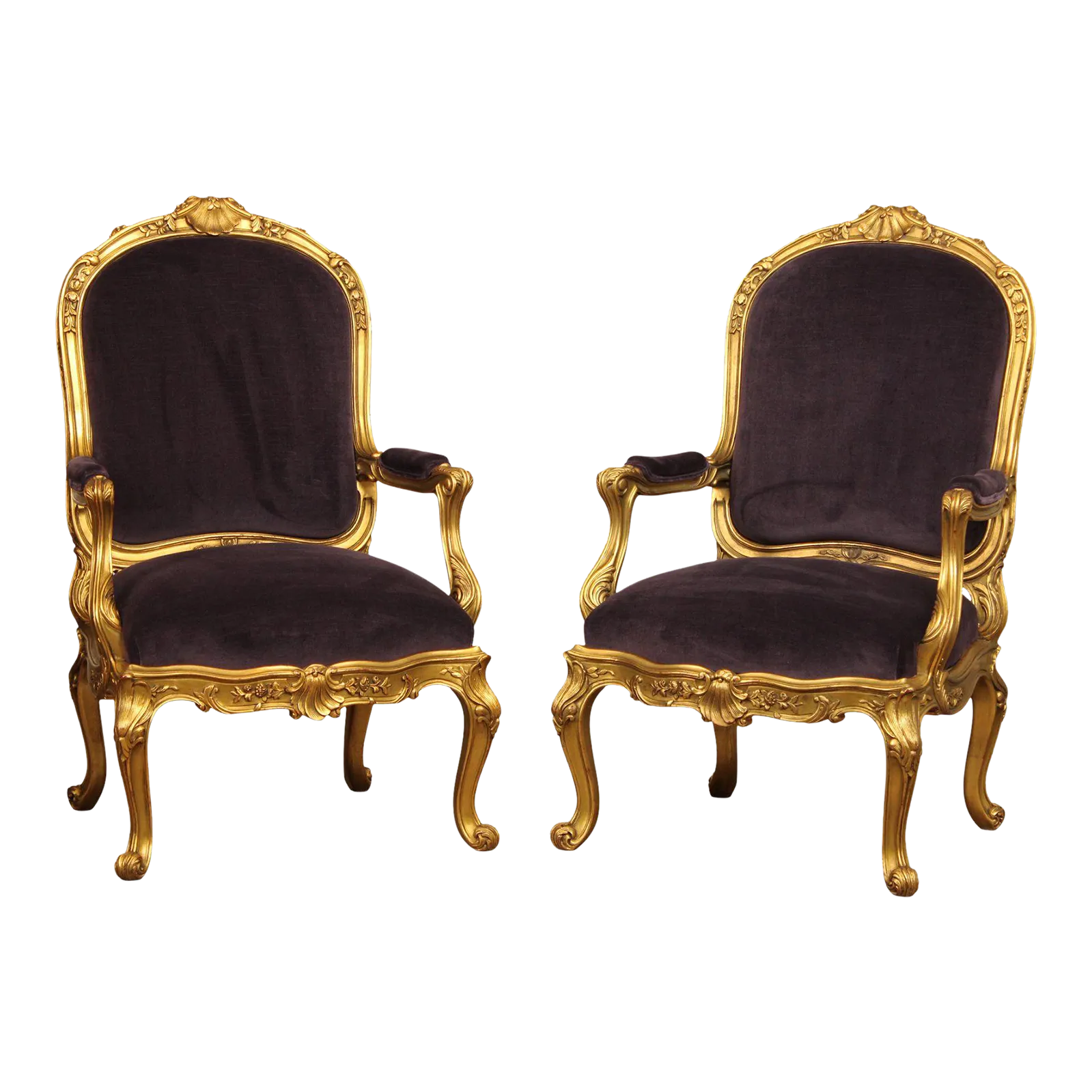 French Rococo Louis XV Style Pair of Giltwood Fauteuil Armchairs | Chairish