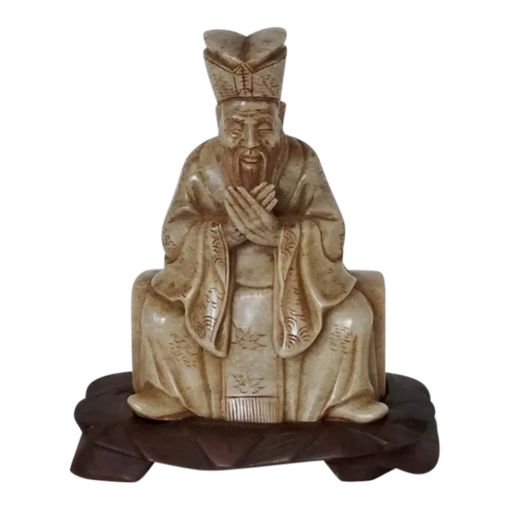 1920s Old Chinese Carved Stone Figure of Confucius on Stand | Chairish