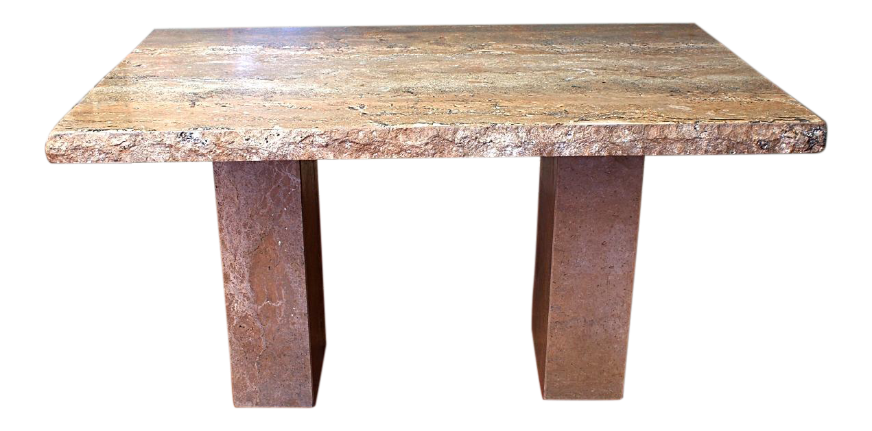 Vintage Natural Stone Dining Table With Double Pedestal Base | Chairish
