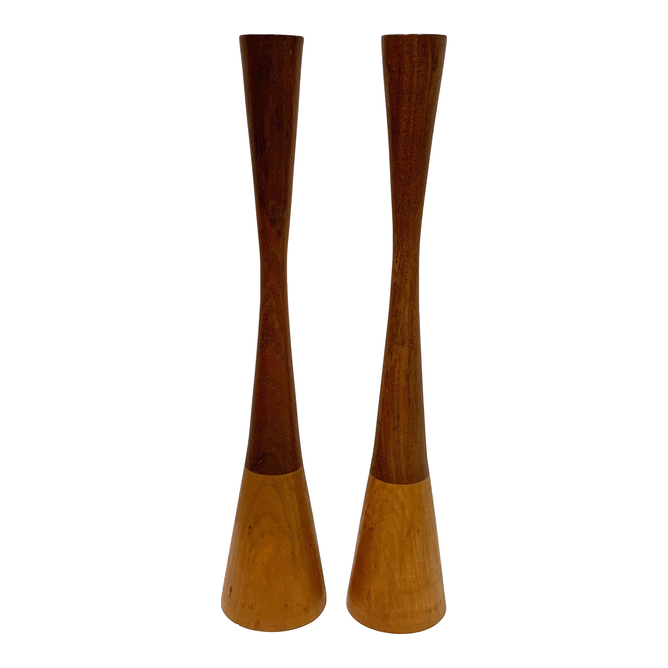 Hand-Turned Walnut/Maple Candlesticks - a Pair | Chairish
