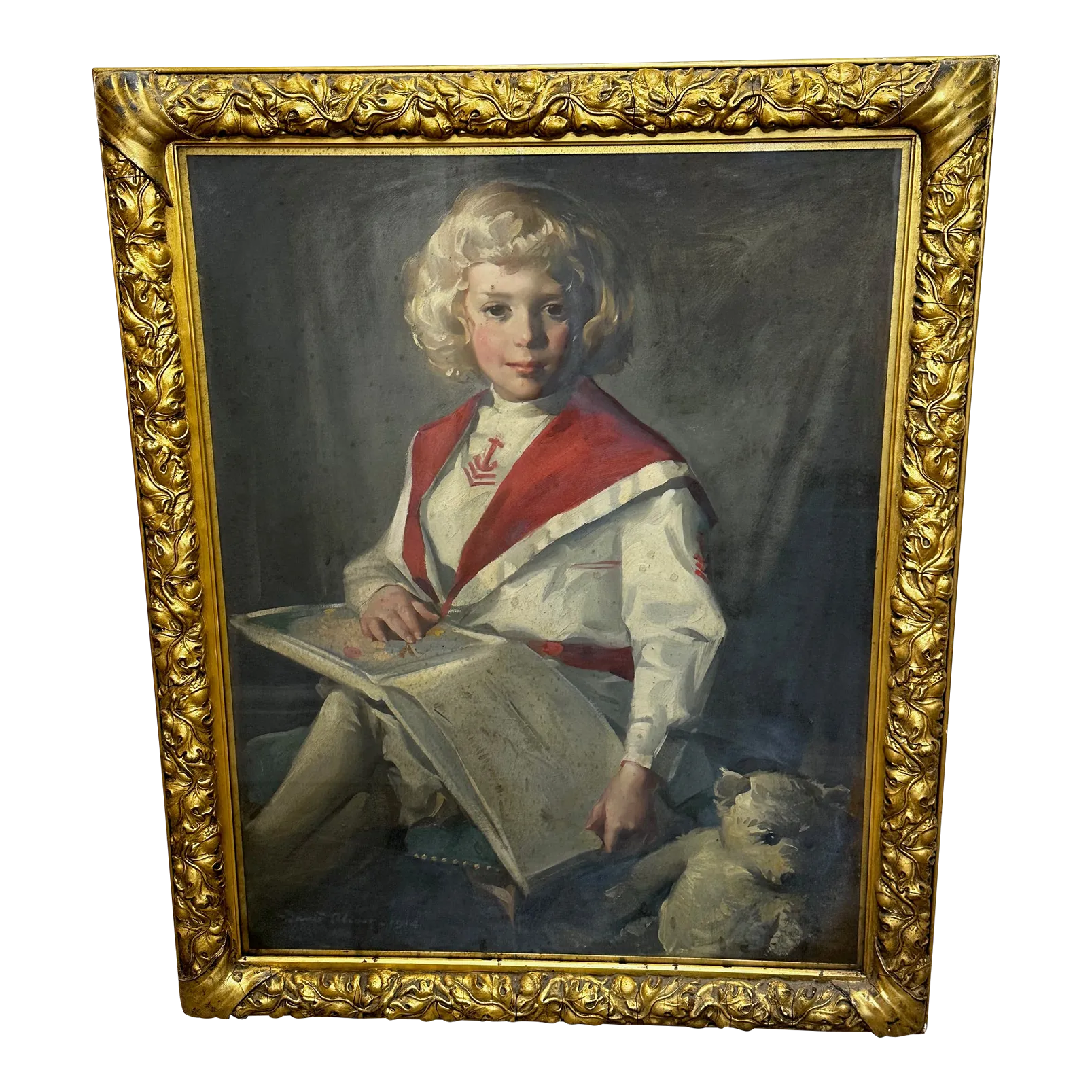 Antique Oil Painting Girl Reading Story Book With Teddy Bear by David ...