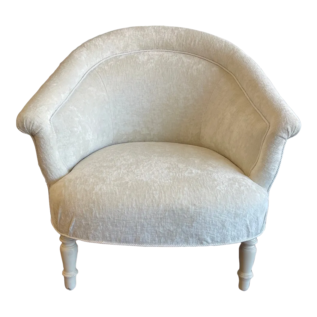 Late 20th Century Vintage Small French Arm Chair Newly Upholstered in a Clarence House Antiqued ...