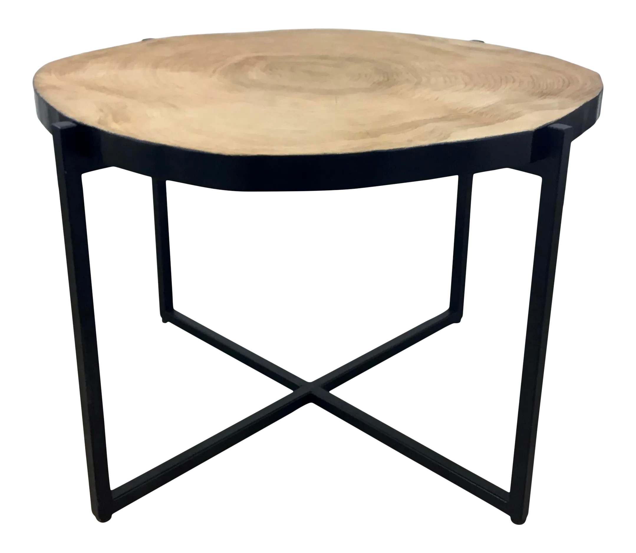 Industrial Modern Cross Cut Oak and Black Metal End Table | Chairish