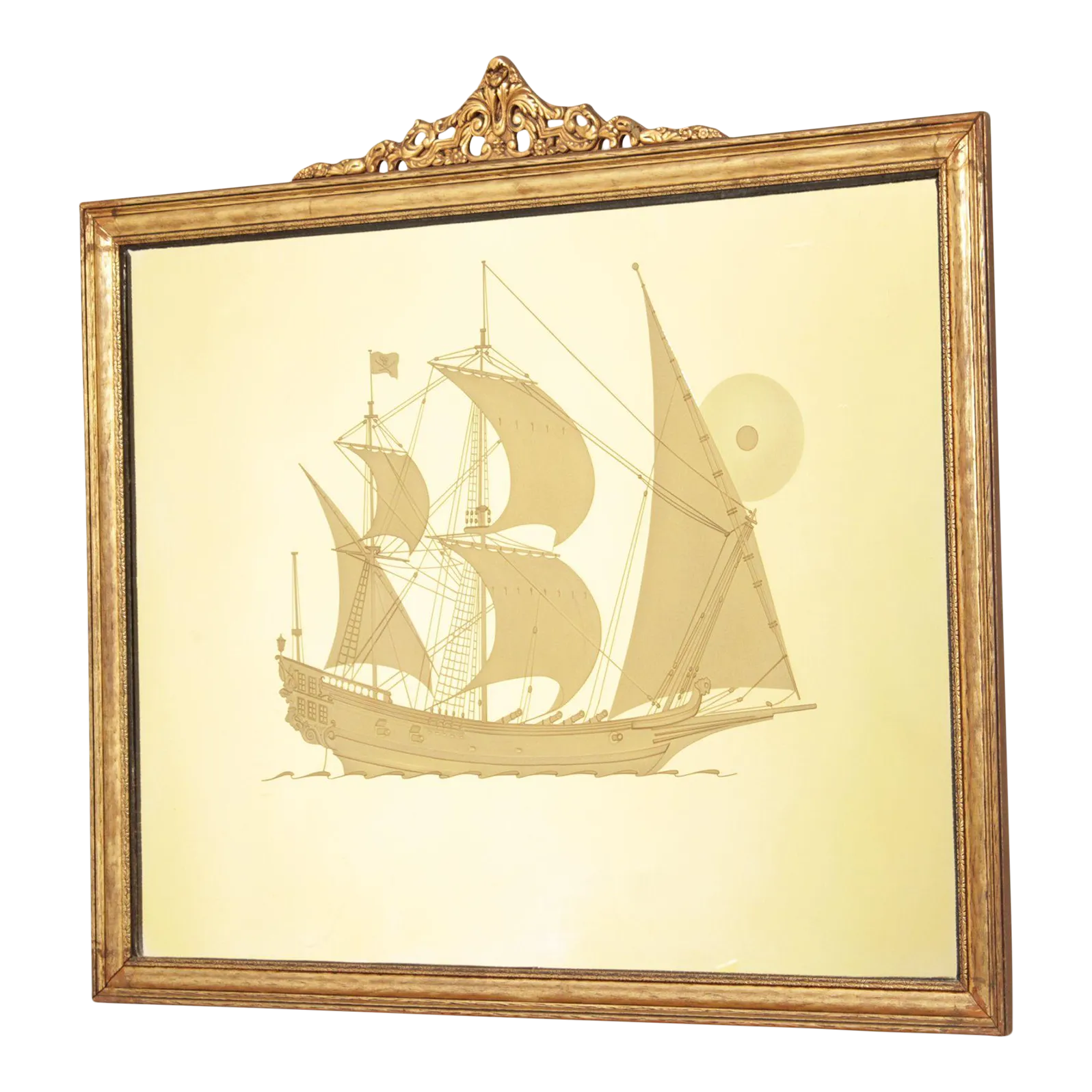 Vintage Gilt Frame Etched Masted Ship Wall Mirror | Chairish